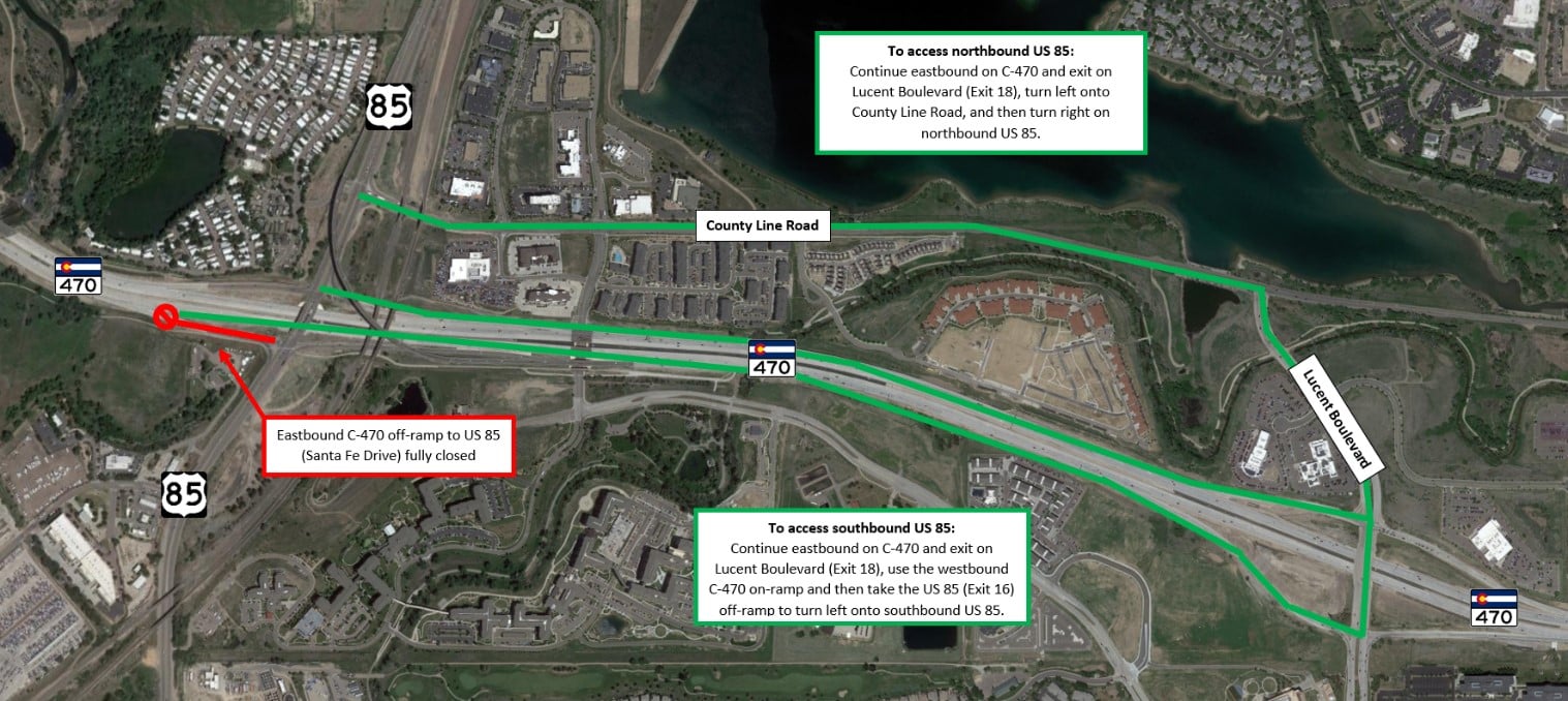 Weekend-long closure of eastbound C-470 off-ramp to US 85 - Douglas County